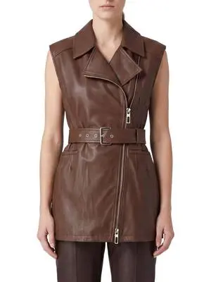 SPORTMAX Cropped Leather Biker Waistcoat With An Adjustable Waist Belt