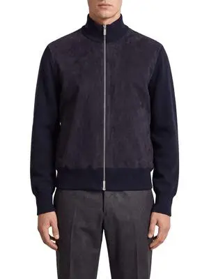 FERRAGAMO Pure Wool Bomber Jacket With Turtleneck Collar - Navy