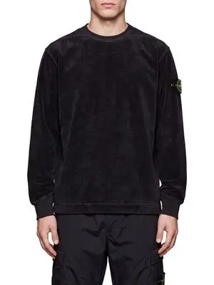 Stone Island Velvet Crewneck Jumper With Ribbed Hems And Compass Logo - Grey