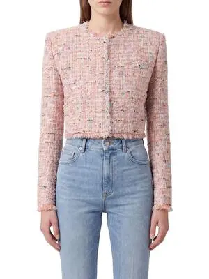 Balmain Cropped Bi Cotton Tweed Blazer With Fringed Trim - Multicolor