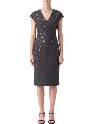 JIL SANDER Virgin Wool Midi Sheath Dress With Sequins And Slit - Grey