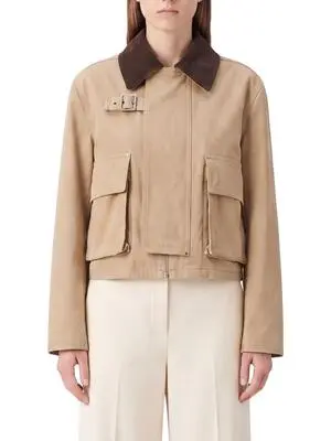 Loewe Cropped Cotton Shirt Jacket With Velvet Collar Beige
