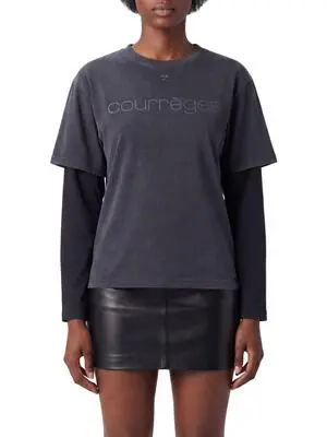 COURREGES Long-sleeved Cotton T-shirt With Tone-on-tone Logo - Grey