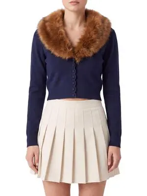 SELF-PORTRAIT Wool Blend Faux-fur Collar Cropped Cardigan - Blue