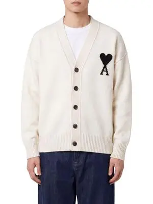 AMI Paris V-neck Wool Cardigan With Contrast Logo - Ecru