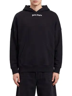 Palm Angels Relaxed Fit Cotton Hoodie With Kangaroo Pocket And Logo - Black