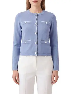 Tory Burch Slim Fit Wool Cardigan With Crew Neck And Patch Pockets - Blue