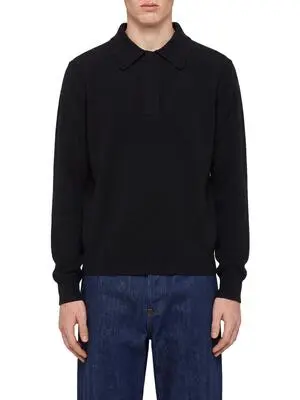 JIL SANDER Long-sleeved Knit Wool Polo With Concealed Placket - Black