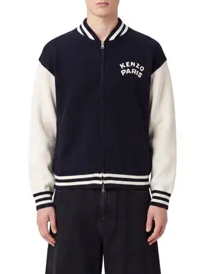 Kenzo Zipped Cotton Cardigan With Contrast Logo And Side Slit Pockets - Black