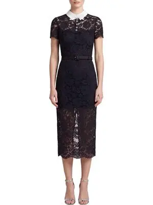 SELF-PORTRAIT Midi Lace Sheath Dress With Jewel Buttons And Belt - Black
