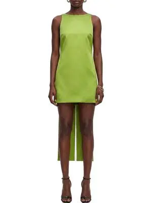 SELF-PORTRAIT Asymmetrical Off-the-shoulder Mini Dress In Satin With Bow Detail - Green