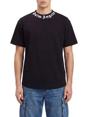 Palm Angels Crewneck Cotton T-shirt With Logo Print And Curved Hem - Black