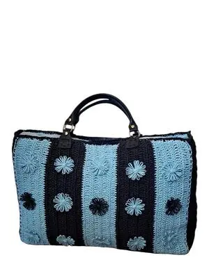 SPRINGMOONATELIER Black / Blue Handcrafted Blue & Black Raffia Bloom Tote - Black/blue