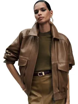 REISS Maeve Leather Relaxed Jacket - Neutral