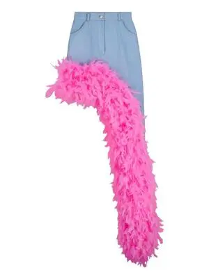 ÚCHÈ Denim Asymmetrical Pink Feather Trim Skirt - Blue
