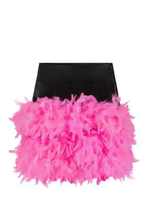 ÚCHÈ Mini Leather Pink Feather Trim Skirt - Black