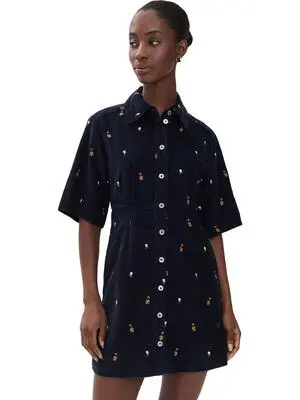 Sea Tilly Embroidered Cord Button Down Dress - Navy