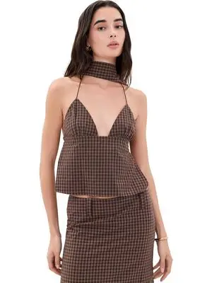 Lioness Plaid Halter Top With Matching Scarf - Chocolate