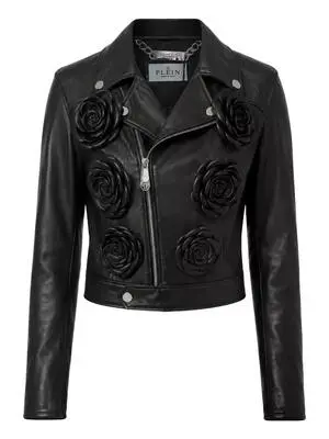 Philipp Plein Cropped Biker Jacket Flower - Black