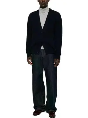 LARDINI Ribbed-knit V-neck Cardigan - Blue