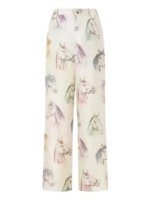 Moschino Horse-print Silk Trousers Neutrals