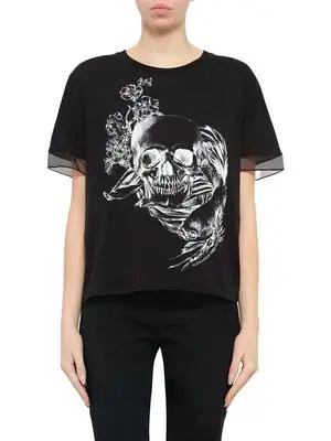 Alexander McQueen Fish Skull-printed Sheer-trim T-shirt - Black