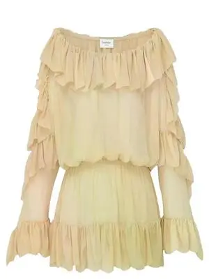 Saint Laurent Ruffled Dress In Silk Crepon Muslin - Neutrals