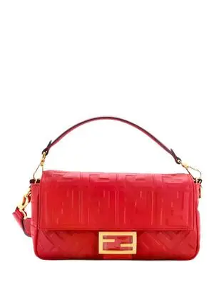 Fendi Baguette Nm Bag Zucca Embossed Leather Medium Crossbody Bag - Red