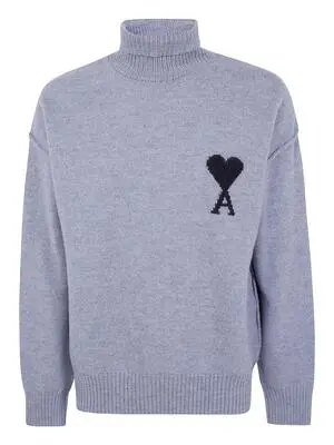 AMI Paris Funnel Neck De Coeur Sweater - Gray