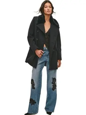 LoveShackFancy Verdine Faux Fur Collar Peacoat - Navy