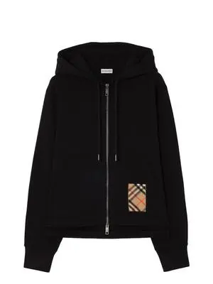 Burberry Check Patch Cotton Hoodie - Black