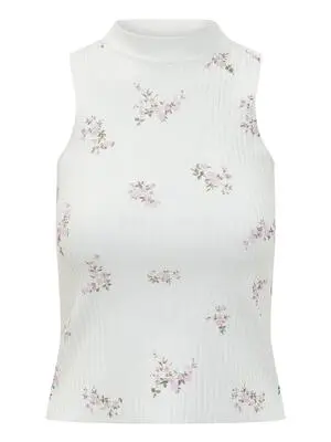 MSGM Mock Neck Floral Print Top - White