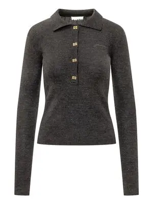 GANNI Classic Ribbed Wool Polo - Phantom