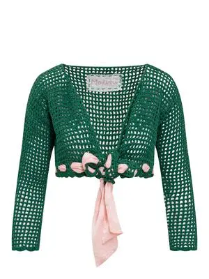 MATIMI' MATIMI Cropped Crochet Knit Top With Front Tie Closure
