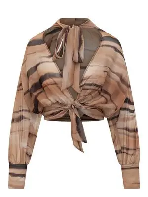Elisabetta Franchi Elegant Blouse With Bow And Print - Cammello