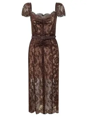 SELF-PORTRAIT Floral Lace Midi Dress - Brown