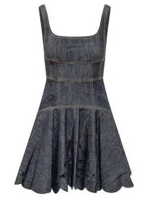 SELF-PORTRAIT Denim Bow Mini Dress - Blue