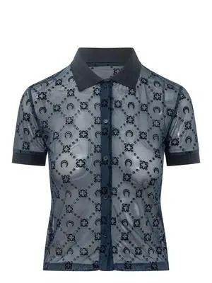 MARINE SERRE Flock Short Sleeve Polo Shirt - Navy