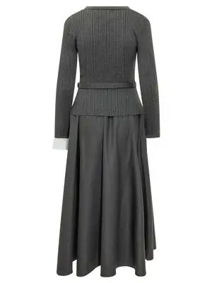 SELF-PORTRAIT Knit Twill Midi Dress - Grey