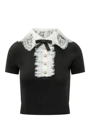 SELF-PORTRAIT Knit Lace Collar Top - Black