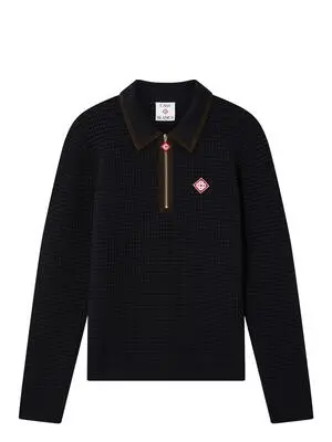 Casablanca Navy Wool Waffle Stitch Long Sleeve Polo Shirt - Brown