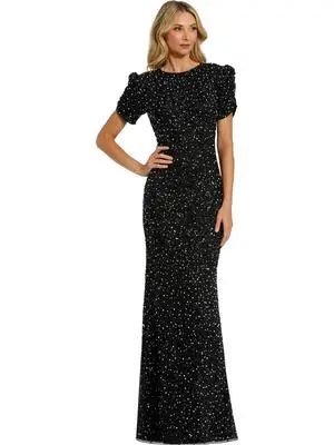 Mac Duggal Gathered Short Sleeve Embellished Gown Black