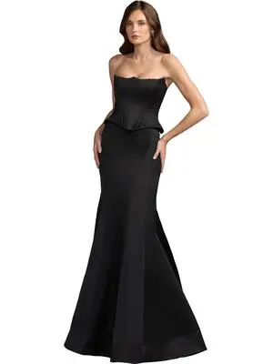 Mac Duggal Strapless Satin Corset Peplum Gown - Black