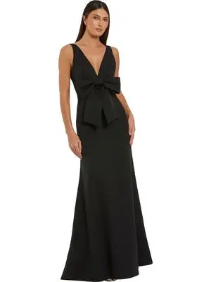 Mac Duggal V-neck Crepe Gown With Bow - Black