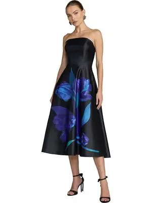 Mac Duggal Floral Print Strapless Midi Dress - Black