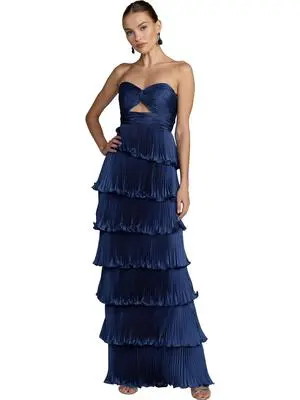 Mac Duggal Pleated Charmeuse Strapless Tiered Ruffle Gown - Navy