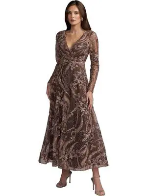 Mac Duggal Embroidered Long Sleeve V-neck Midi Dress - Brown
