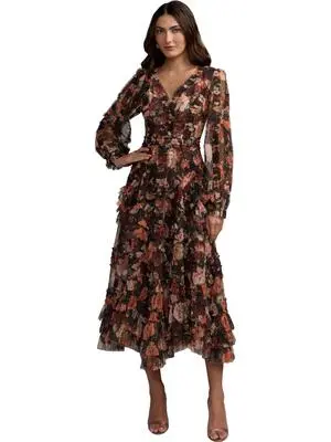 Mac Duggal Floral Long Sleeve Midi Dress - Chocolate Multi