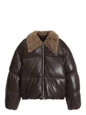 BOSS Faux-leather Bomber Jacket With Teddy Collar - Brown