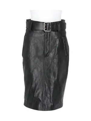 Saint Laurent Calfskin Belted Pencil Skirt - Black